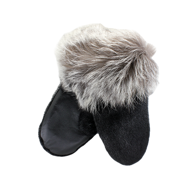 MITTEN IN BLACK RING SEAL LEATHER WITH SILVER FOX STRIP - Gloves ...